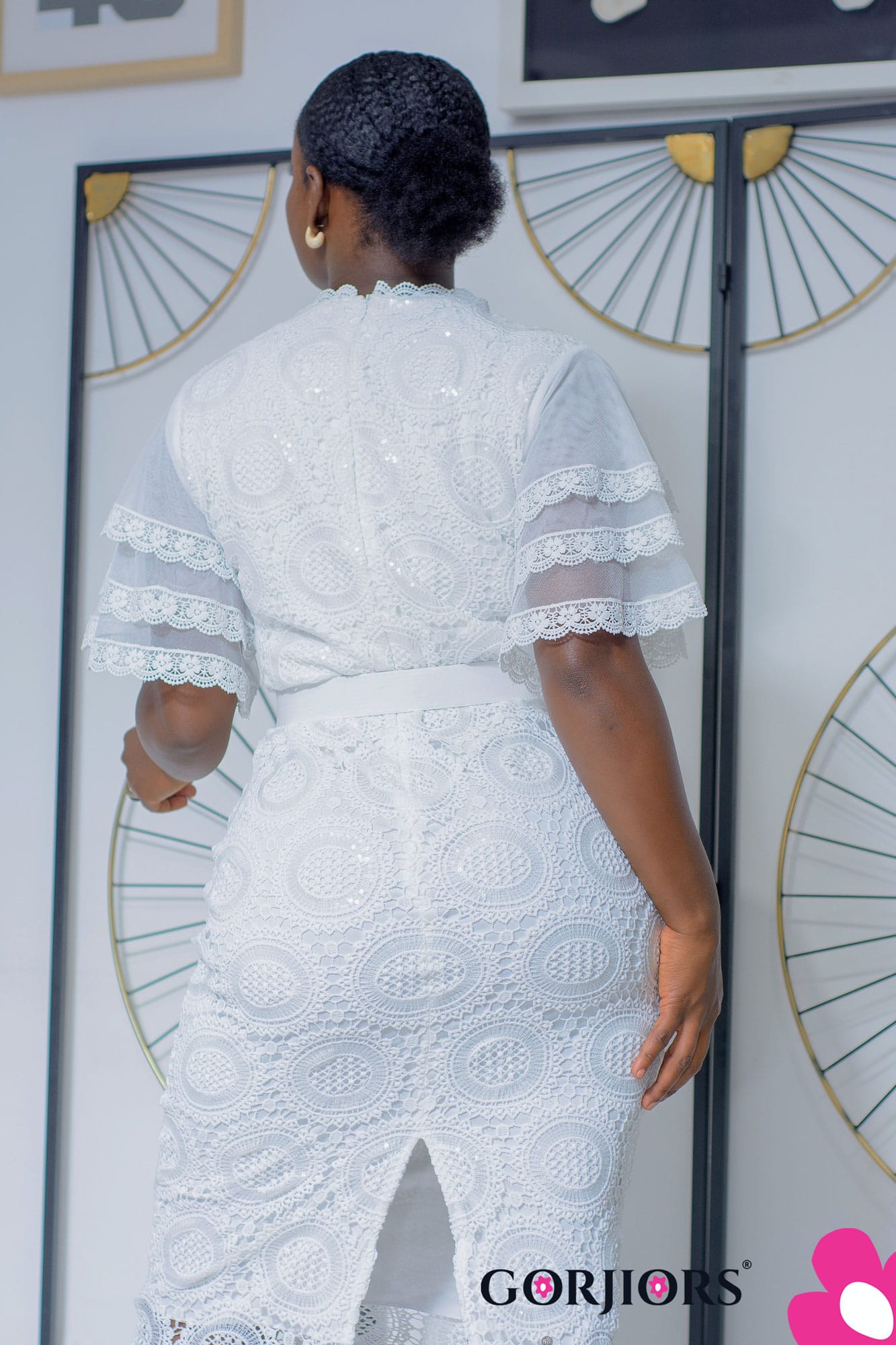 Angled Pattern Lace Dress - White - Gorjiors